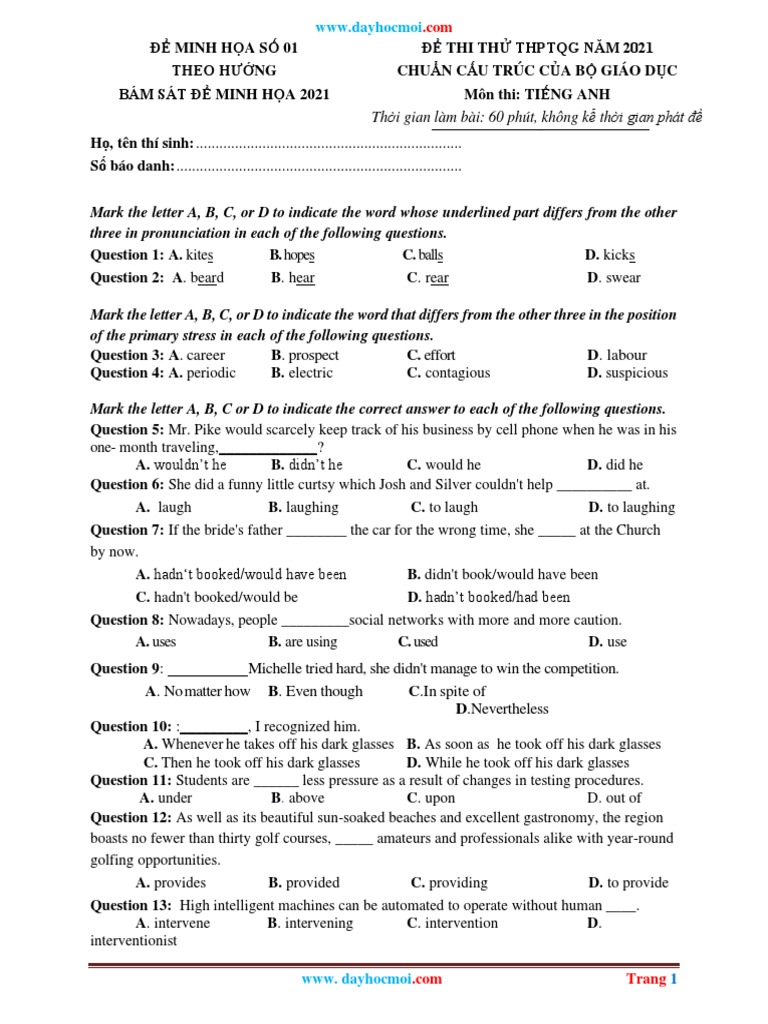Sample Practice Test Questions for the Vietnamese National High School ...