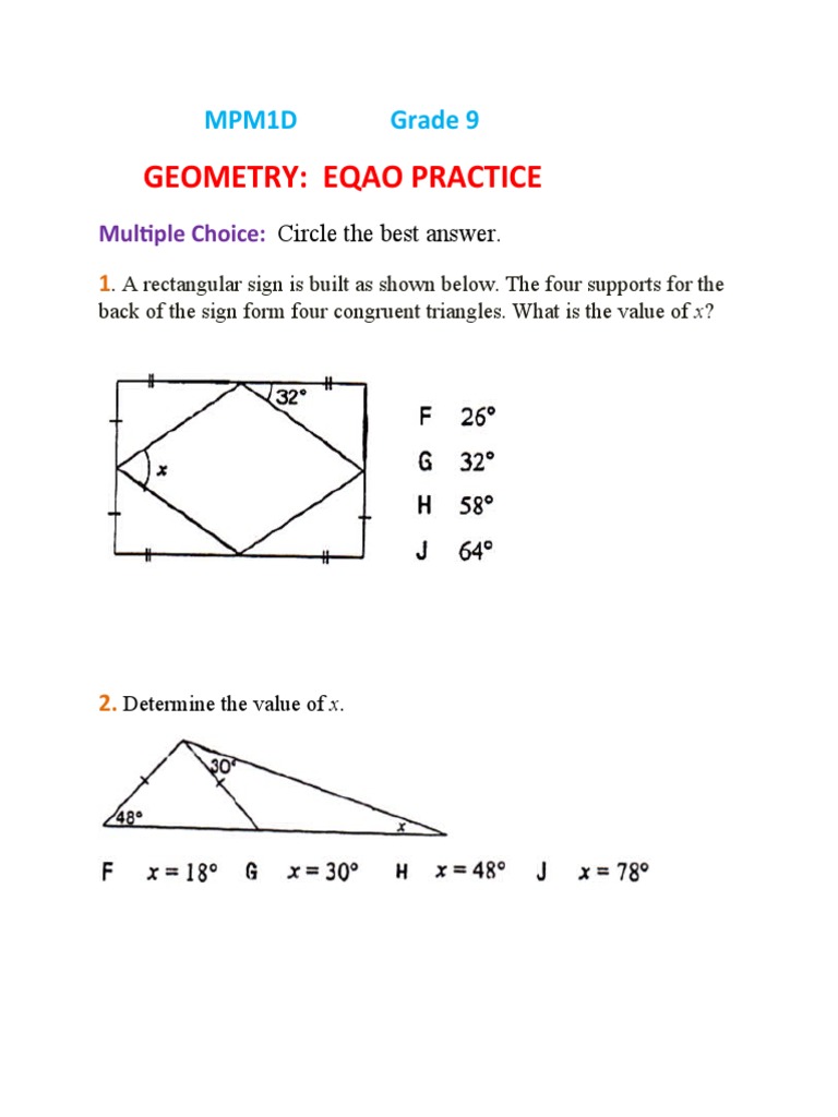 Geometry: Eqao Practice: Mpm1D Grade 9 | PDF