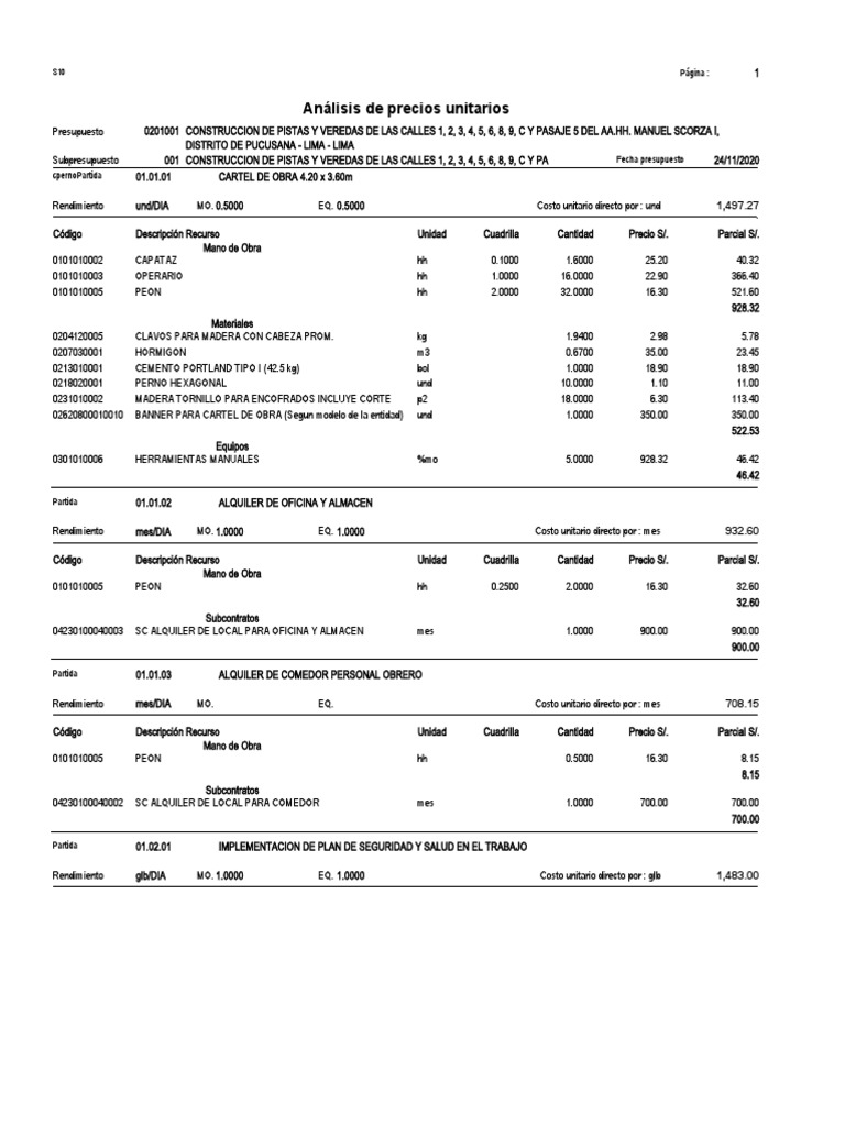 Análisis de Precios Unitarios: Página | PDF | Economias