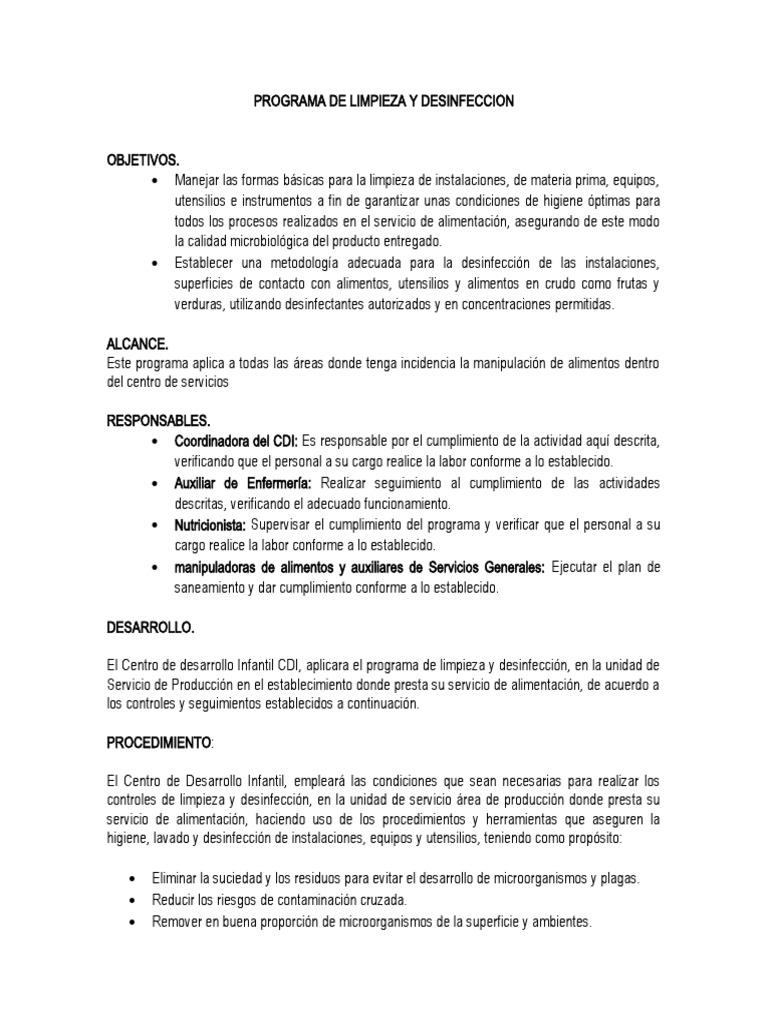 Programa de Limpieza y Desinfeccion | PDF | Agua | Detergente