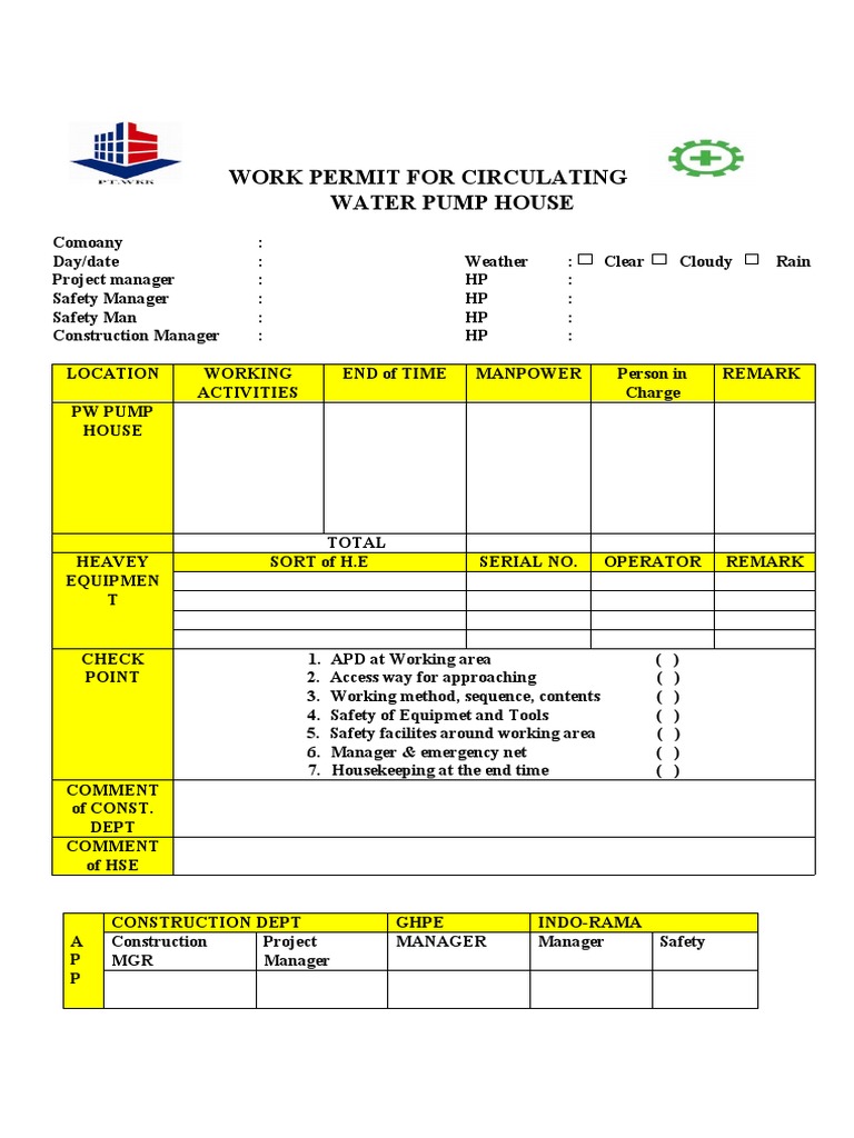 Work Permit For Circulating Water Pump House | PDF