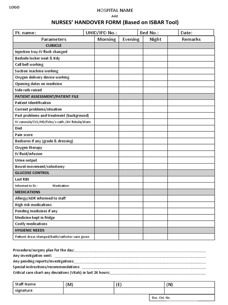 Nurses' Handover Form (Based On Isbar Tool) : Hospital Name | PDF