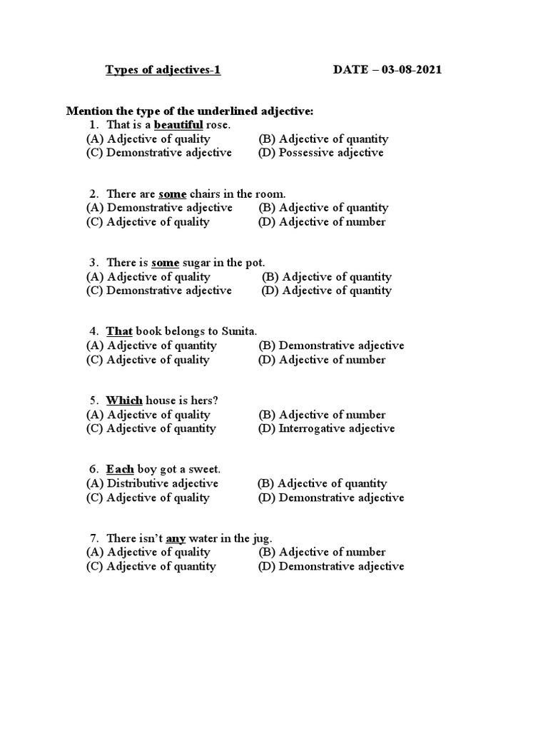 Adjective Types Worksheet for Class 4 | PDF | Cognitive Science ...