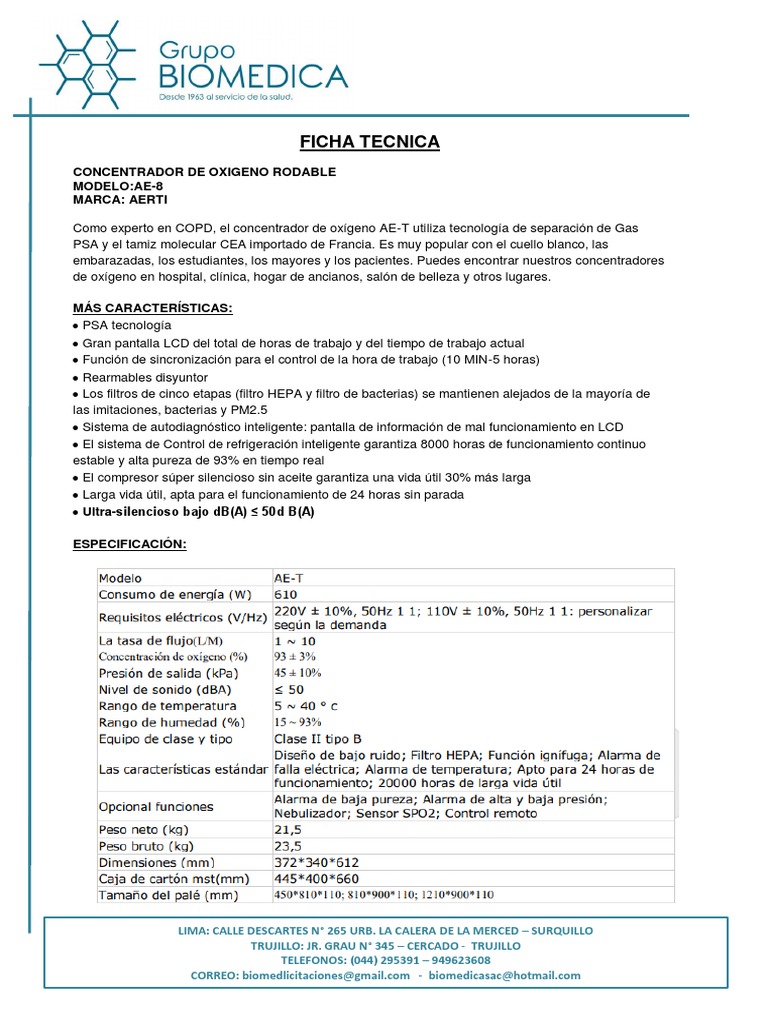 Ficha Tecnica - Concentrador de Oxigeno Marca Aerti 10 LPM | PDF ...