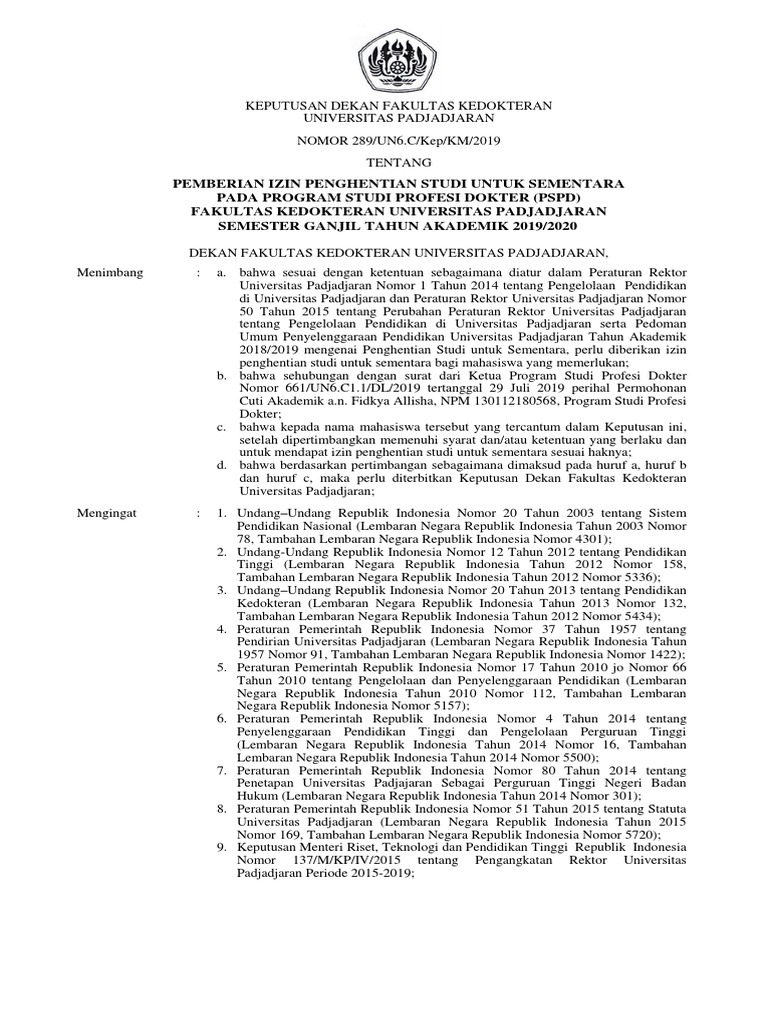 SK 289 - IPSUS - TTD Dekan Ijin Cuti Akademik Mahasiswa PSPD Sem Ganjil TA 2019-2020 An Fidkya ...