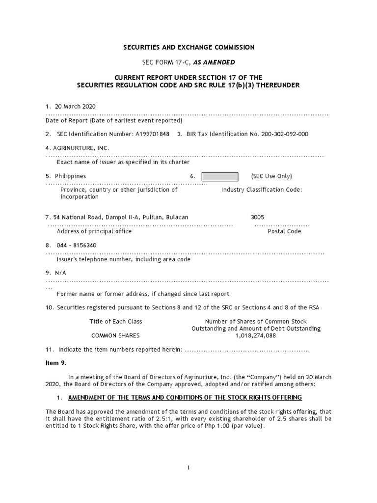 Securities and Exchange Commission: Sec Form 17-C, As Amended | PDF ...