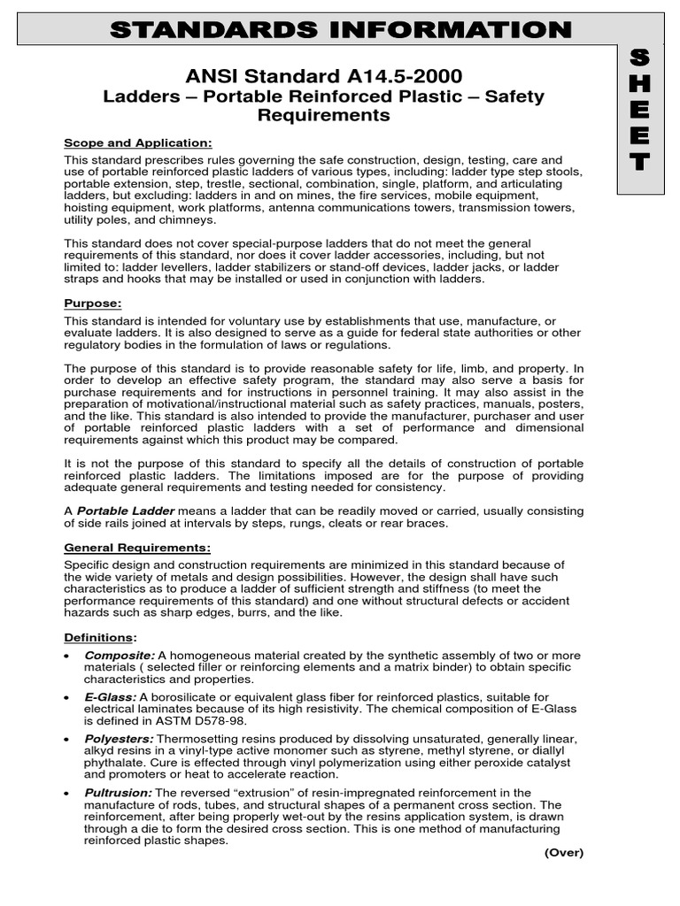 ANSI Standard A14.5-2000: Ladders - Portable Reinforced Plastic - Safety Requirements | PDF ...
