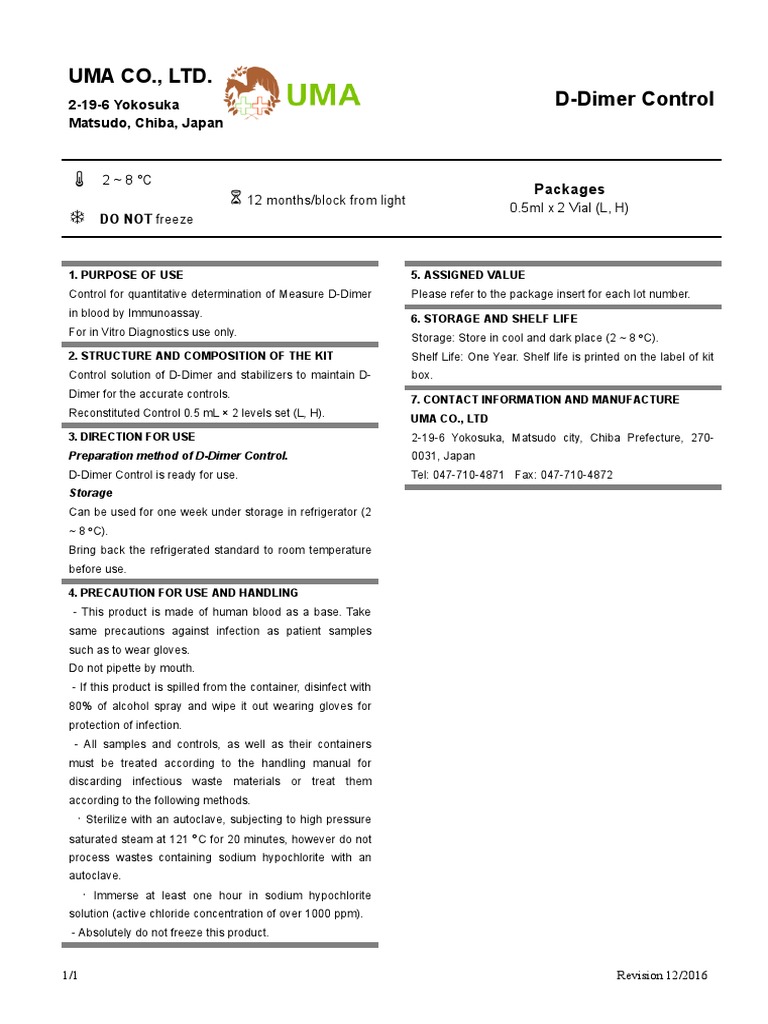 Uma Co., Ltd. D-Dimer Control: 2-19-6 Yokosuka Matsudo, Chiba, Japan ...