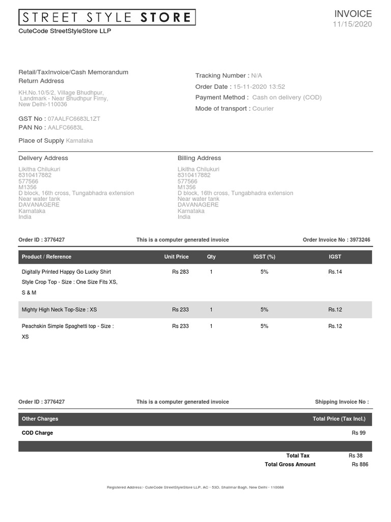 COD Invoice for 3 Clothing Items | PDF | Market (Economics) | Business