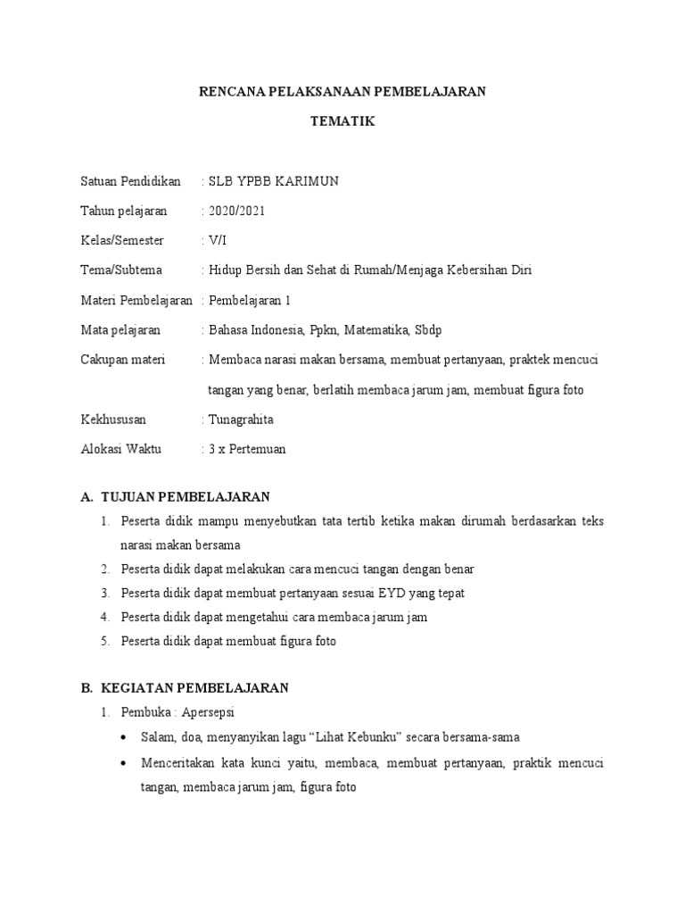 RPP Tema 2 KLS 5 Tunagrahita | PDF