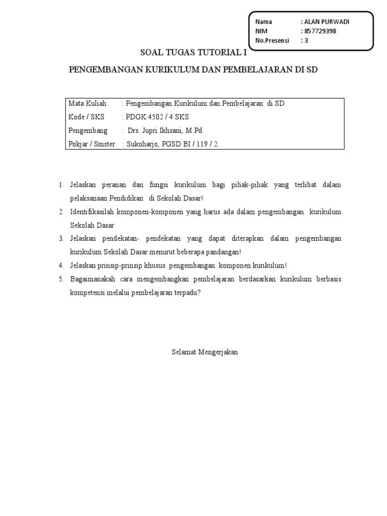 Soal TT 1 Pengemb Kurikulum | PDF