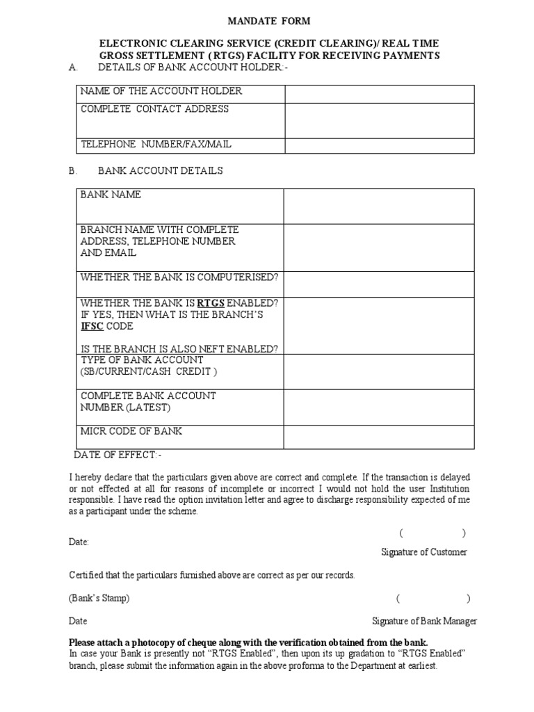 Mandate Form Electronic Clearing Service (Credit Clearing) / Real Time ...