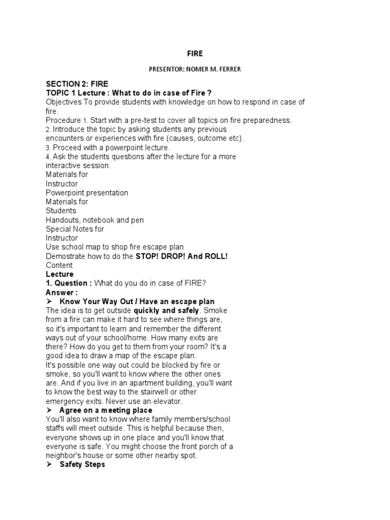 Section 2: Fire TOPIC 1 Lecture: What To Do in Case of Fire ? | PDF