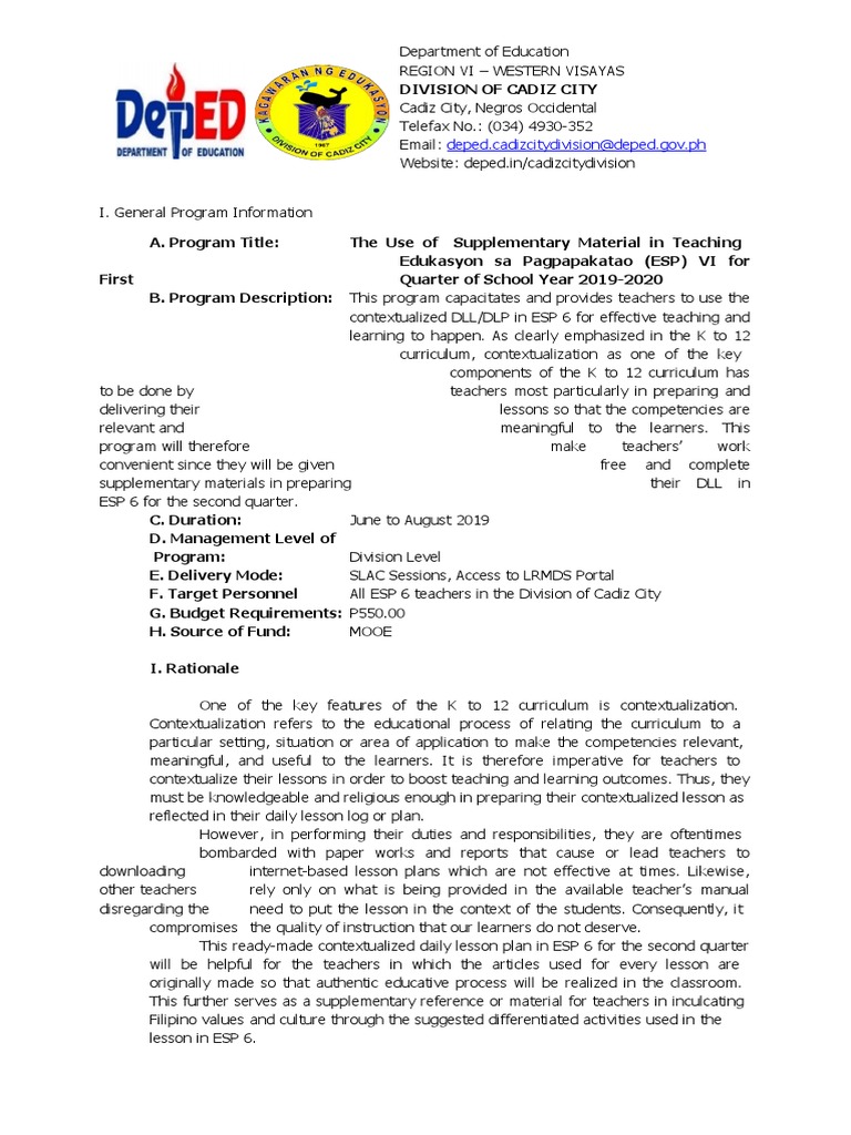 Proposal For Contextualized DLL in Esp 6 | PDF | Lesson Plan | Curriculum