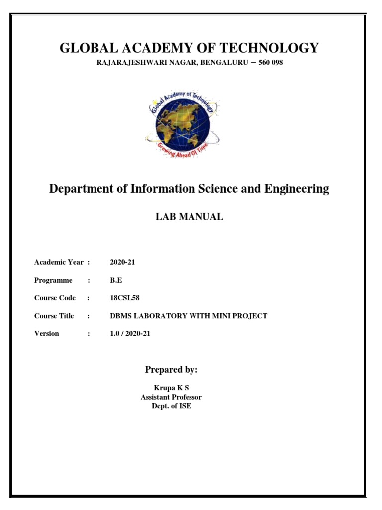 18CSL58 - DBMS Lab Manual 2018 Scheme - KKS | PDF | Sql | Databases