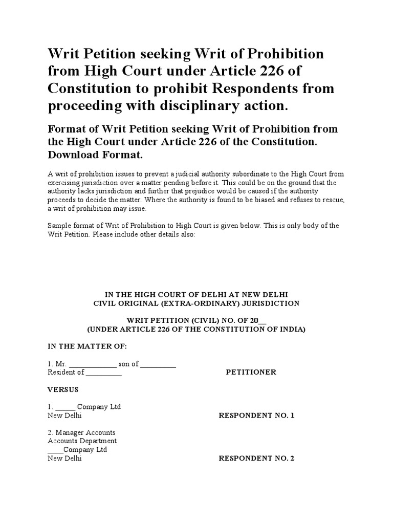 Writ Petition Seeking Writ of Prohibition From High Court Under Article 226 | PDF | Writ Of ...
