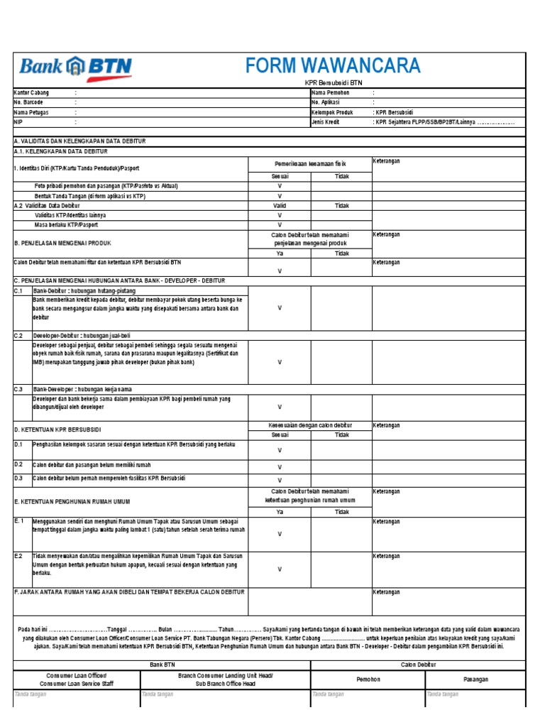 Form Wawancara: KPR Bersubsidi BTN | PDF