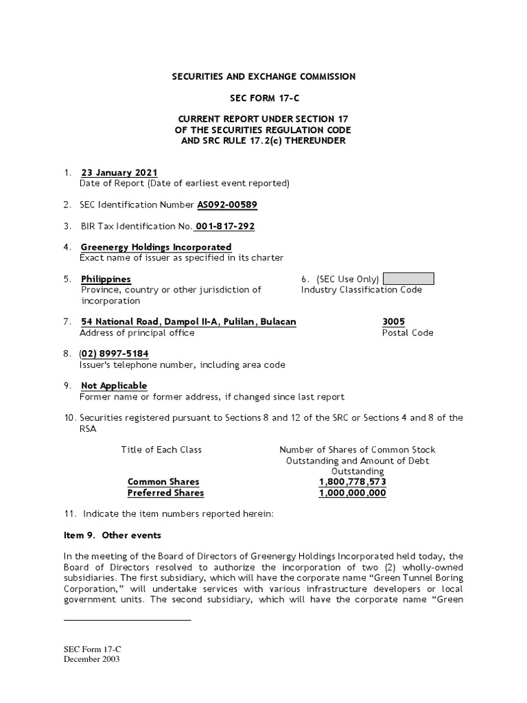 Greenergy Holdings Incorporated - SEC Form 17-C - 23 January 2021 | PDF ...