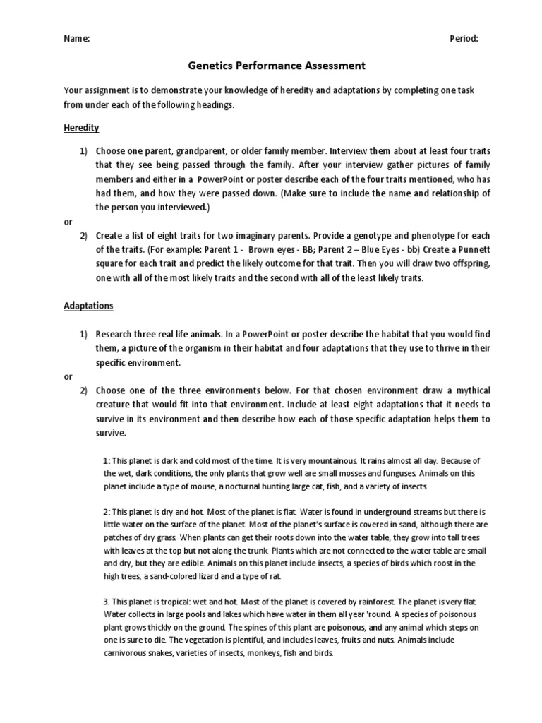 Genetics Performance Assessment: Heredity | PDF | Adaptation | Heredity