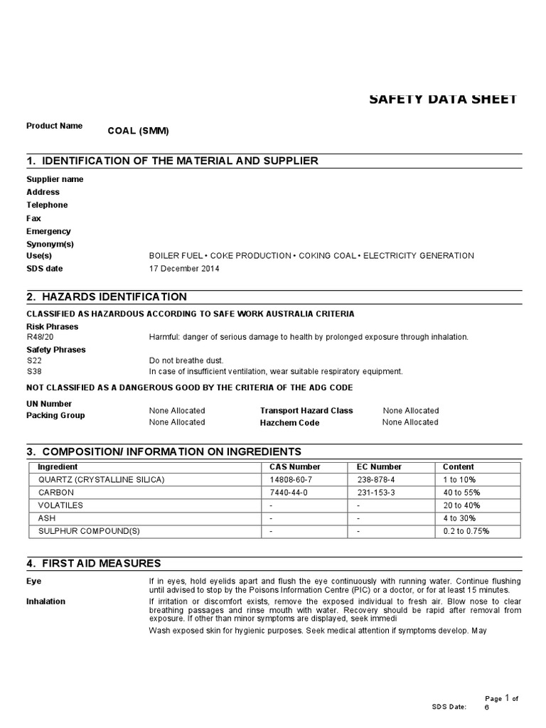 Sample MSDS - Coal Format (Aus) | PDF | Fires | Fossil Fuel Power Station