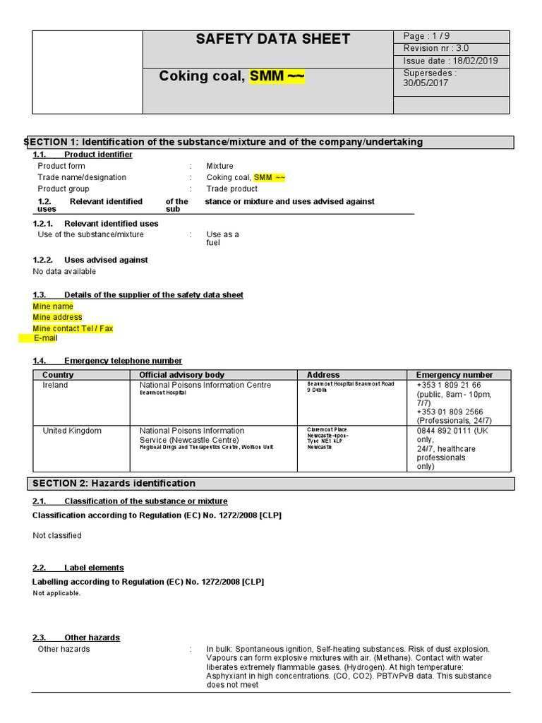 Sample MSDS - Coking Coal (SDS SGS) | PDF | Firefighting | Dangerous Goods