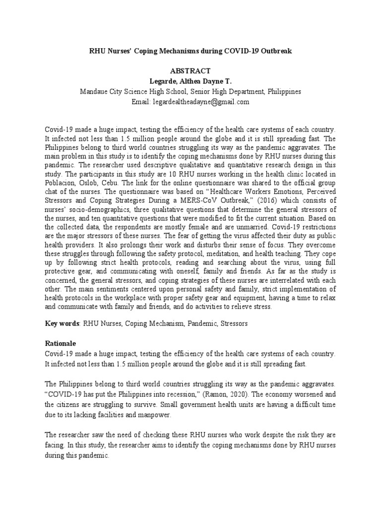 RHU Nurses' Coping Mechanisms During COVID-19 Outbreak | PDF | Stress ...