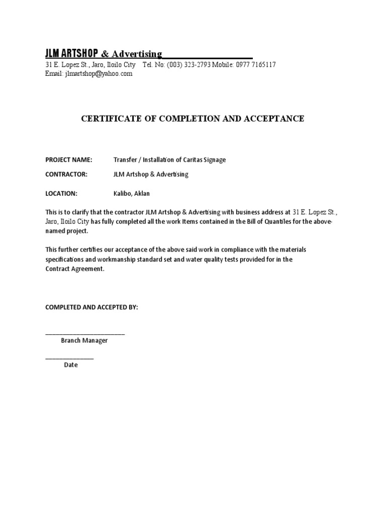 Certificate of Completion and Acceptance | PDF | Business