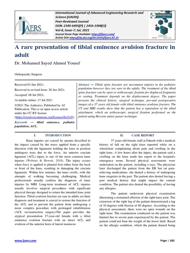 A Rare Presentation of Tibial Eminence Avulsion Fracture in Adult | PDF ...