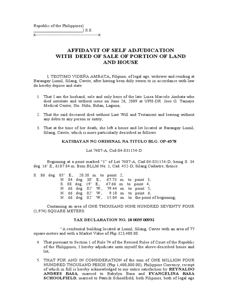 Self Adjudication With Deed of Sale of Portion of Land and House | PDF ...