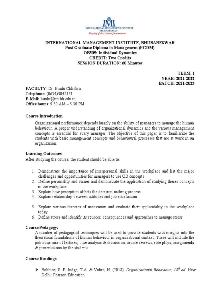 Individual Dynamics 2021 | PDF | Organizational Behavior | Motivational