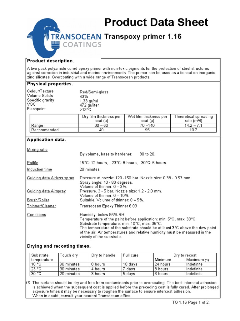 Product Data Sheet: Transpoxy Primer 1.16 | PDF | Paint | Secondary ...