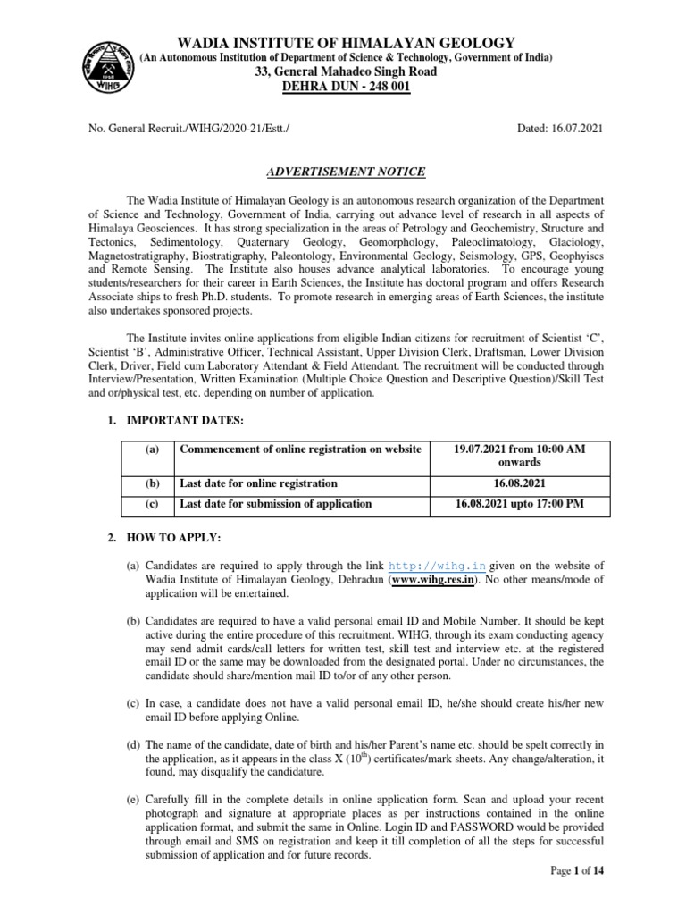 Wadia Institute of Himalayan Geology: Advertisement Notice | PDF