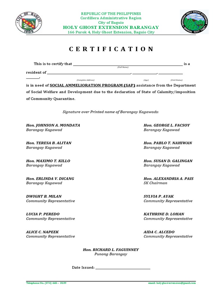 Certification: Holy Ghost Extension Barangay | PDF
