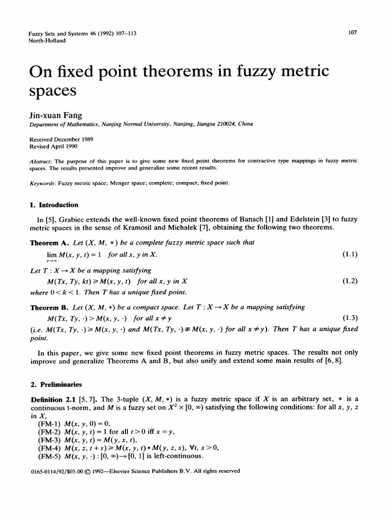 Fang, J.X., 1992. On Fixed Point Theorems in Fuzzy Metric Spaces. Fuzzy Sets and Systems, 46 (1 ...