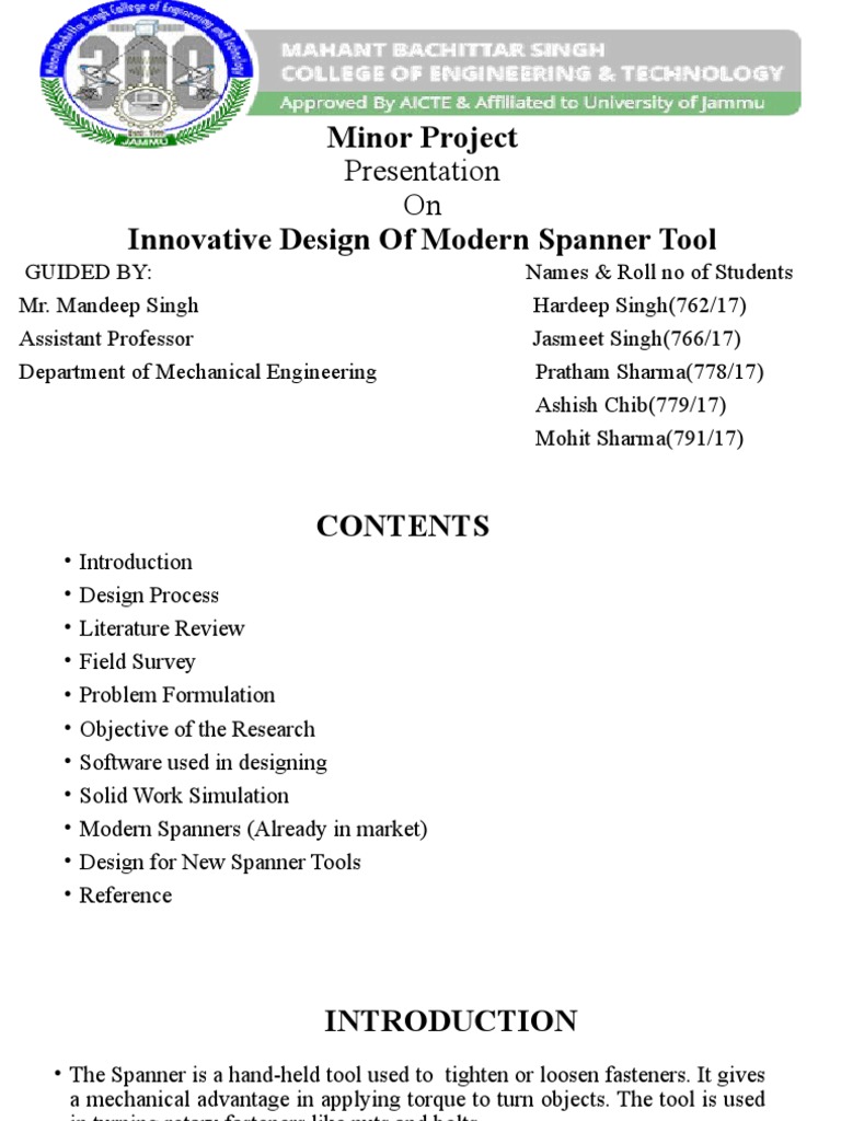 Minor Project Innovative Design of Modern Spanner Tool: Presentation On ...