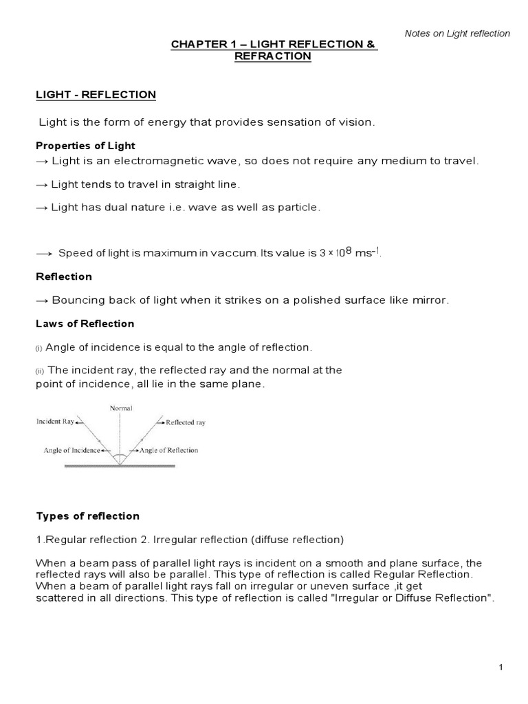 Grade 10 Physics: Light Reflection Notes | PDF | Reflection (Physics ...