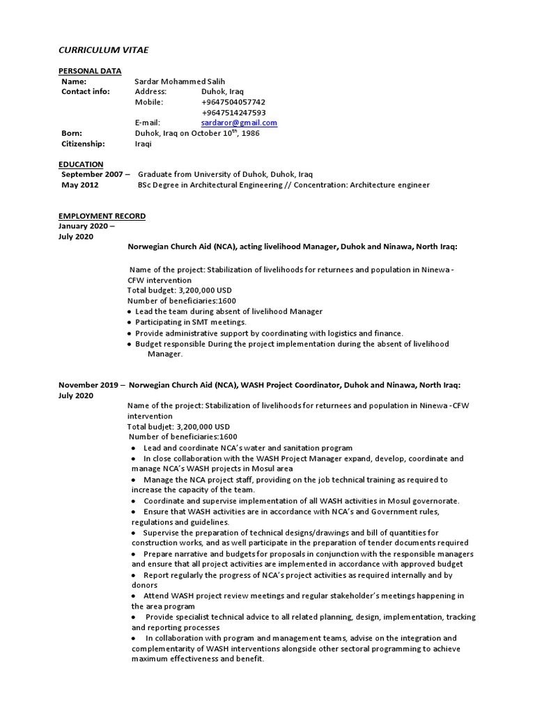 Attachment B3 HSE Manager Sardar Updated CV December 2020 | Descargar gratis PDF | Wash | Mosul