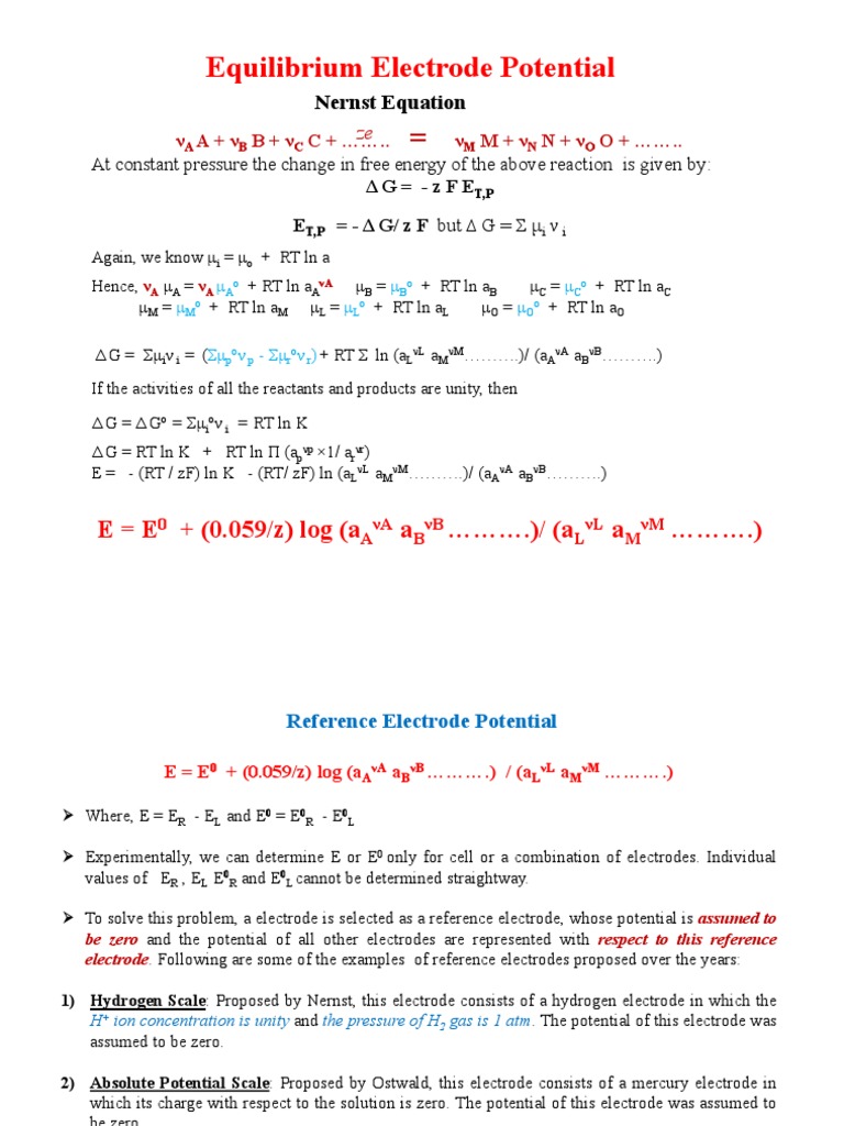 Equilibrium Electrode Potential: Nernst Equation | PDF | Redox ...