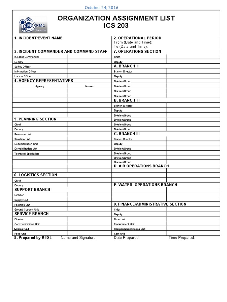 Organization Assignment List ICS 203: From (Date and Time) : To (Date and Time) | PDF | Incident ...