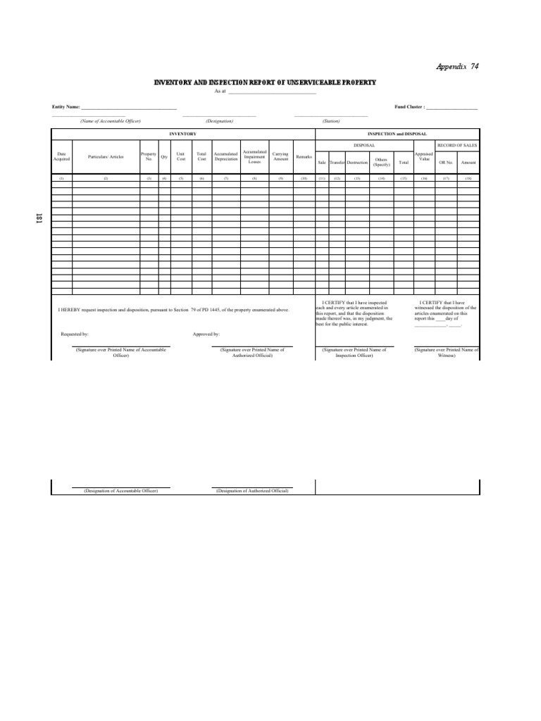 Appendix 74: Inventory and Inspection Report of Unserviceable Property ...