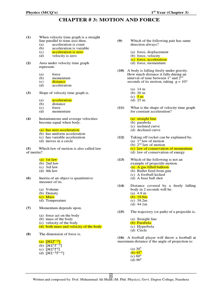 Chapter # 3: Motion and Force | PDF | Acceleration | Force