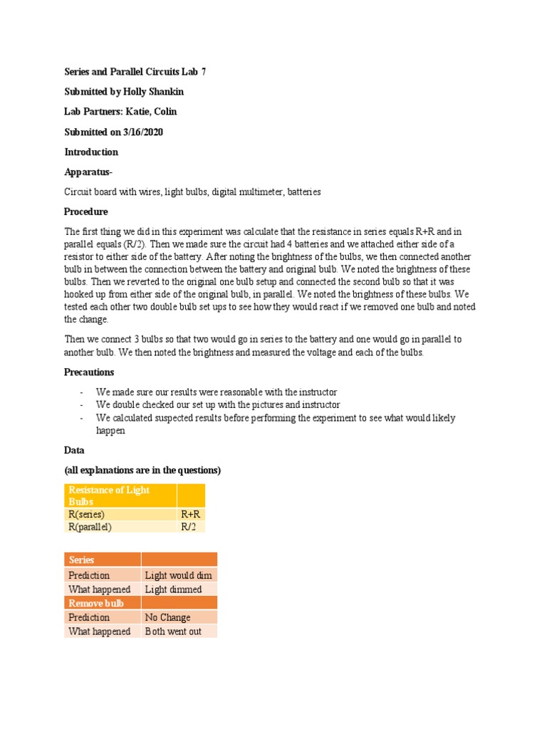 Series and Parallel Circuits Lab 7 | PDF | Series And Parallel Circuits ...