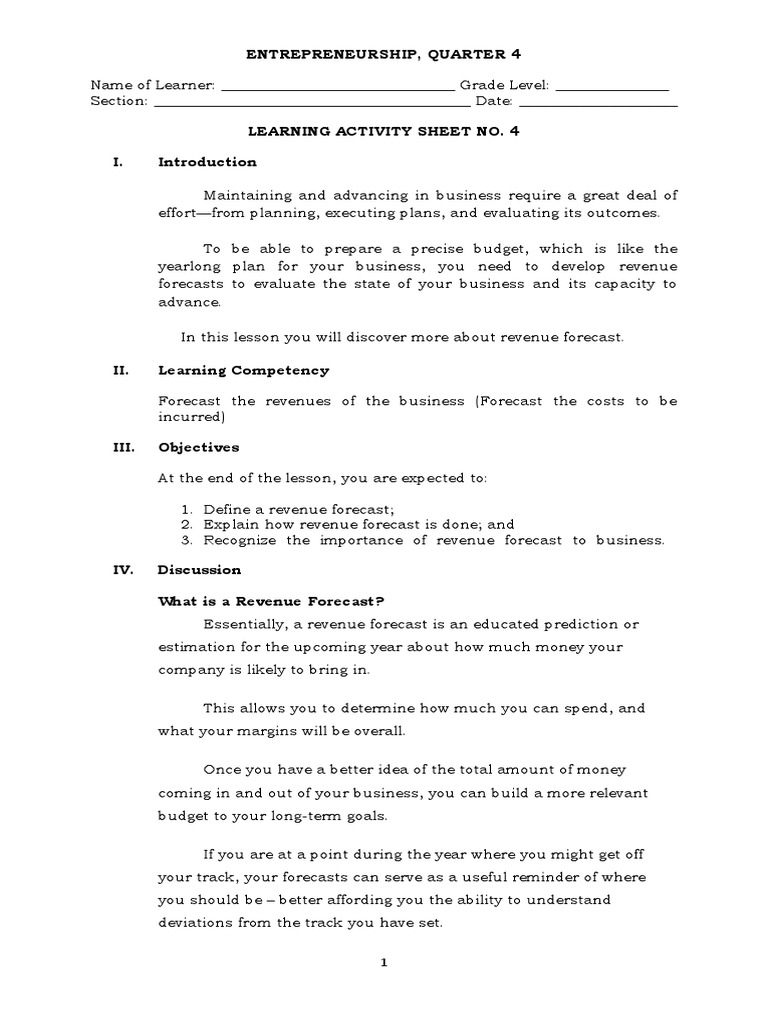 LAS 4 Entrep 4th Quarter | PDF | Forecasting | Gross Margin