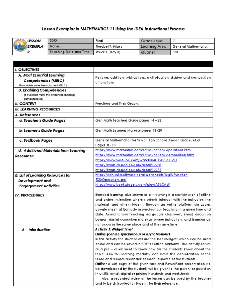 Lesson Exemplar in MATHEMATICS 11 Using The IDEA Instructional Process ...