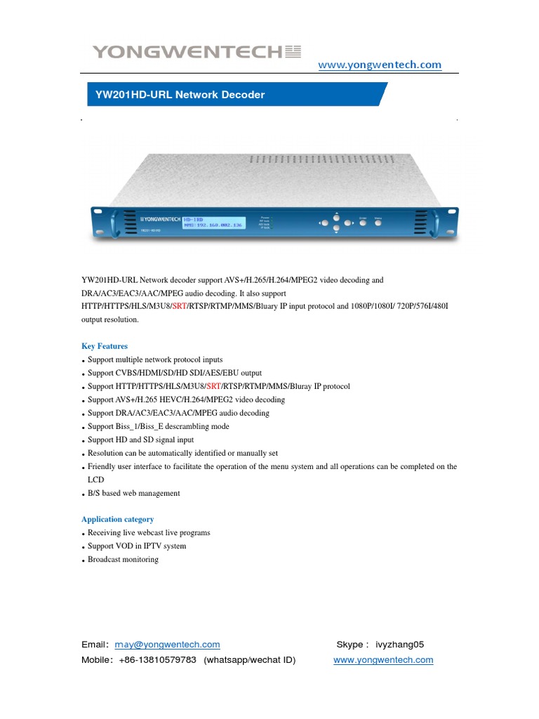 Yw201 SRT Network Decoder | PDF | Video | Filmmaking