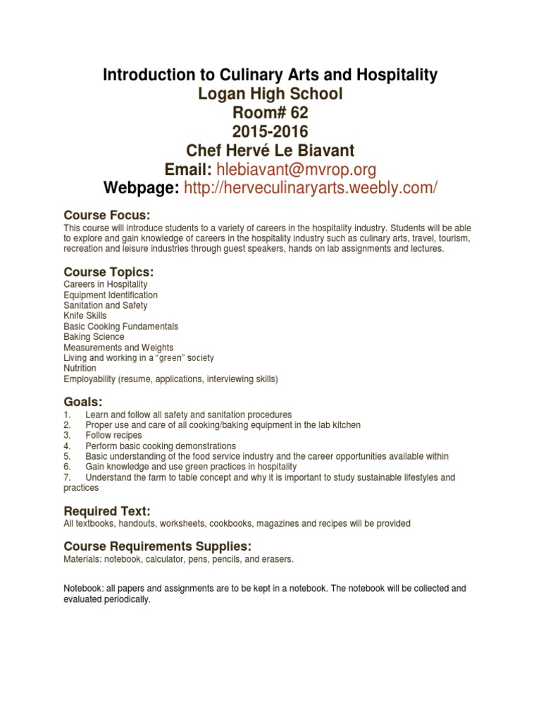 Introduction To Culinary Arts and Hospitality: Logan High School Room ...