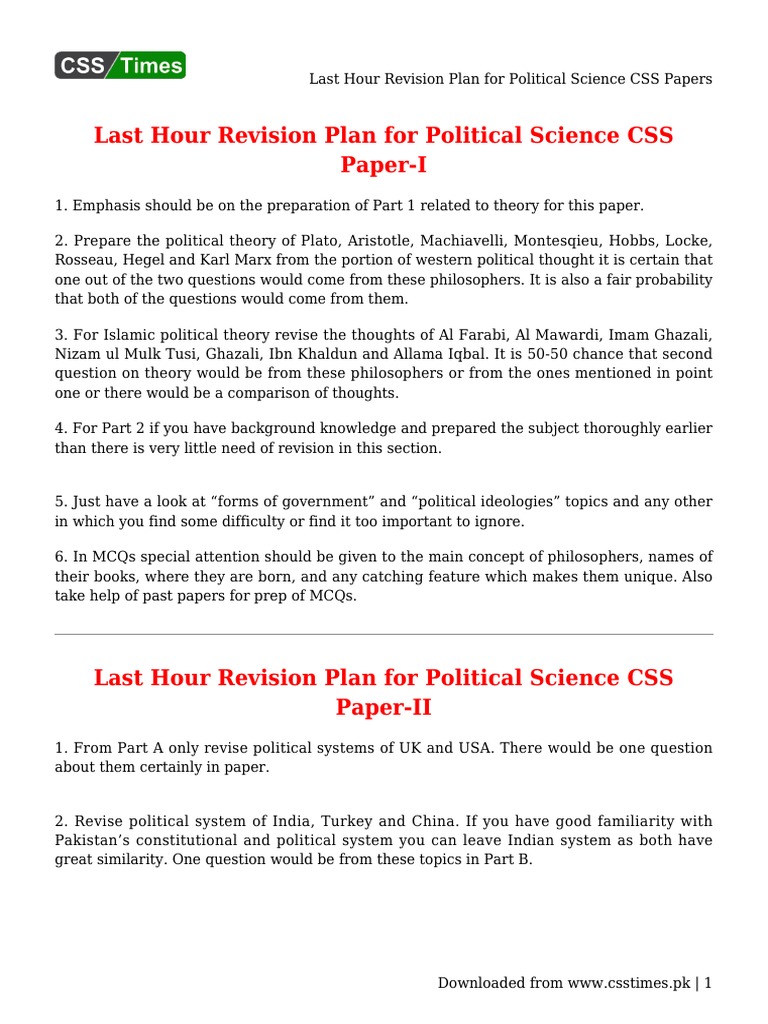 Last Hour Revision Plan For Political Science CSS Papers | PDF ...