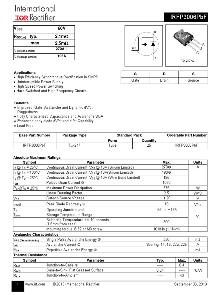 Irfp3006Pbf: V 60V R Typ. 2.1M Max. 2.5M | PDF | Field Effect ...