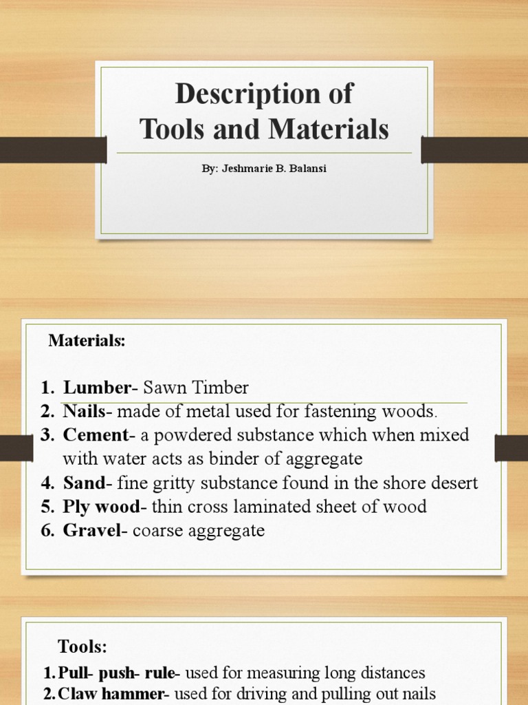 Description of Tools and Materials: By: Jeshmarie B. Balansi | PDF