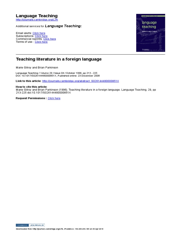 Teaching Literature in Foreign Language | PDF | English As A Second Or ...